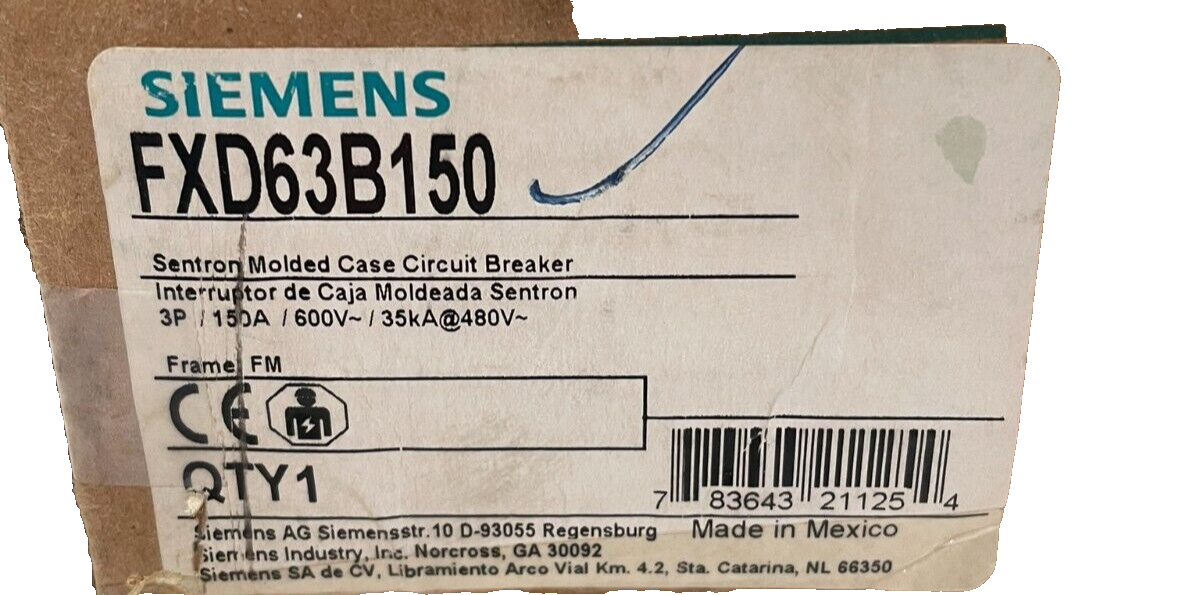 NEW SIEMENS FXD63B150 CIRCUIT BREAKER 150A 600V 3 POLE SER. C - SB ...