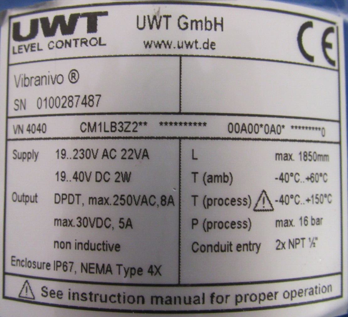 NEW UWT VN4040-CM1LB3Z2 LEVEL SWITCH VN4040CM1LB3Z2 - SB Industrial ...