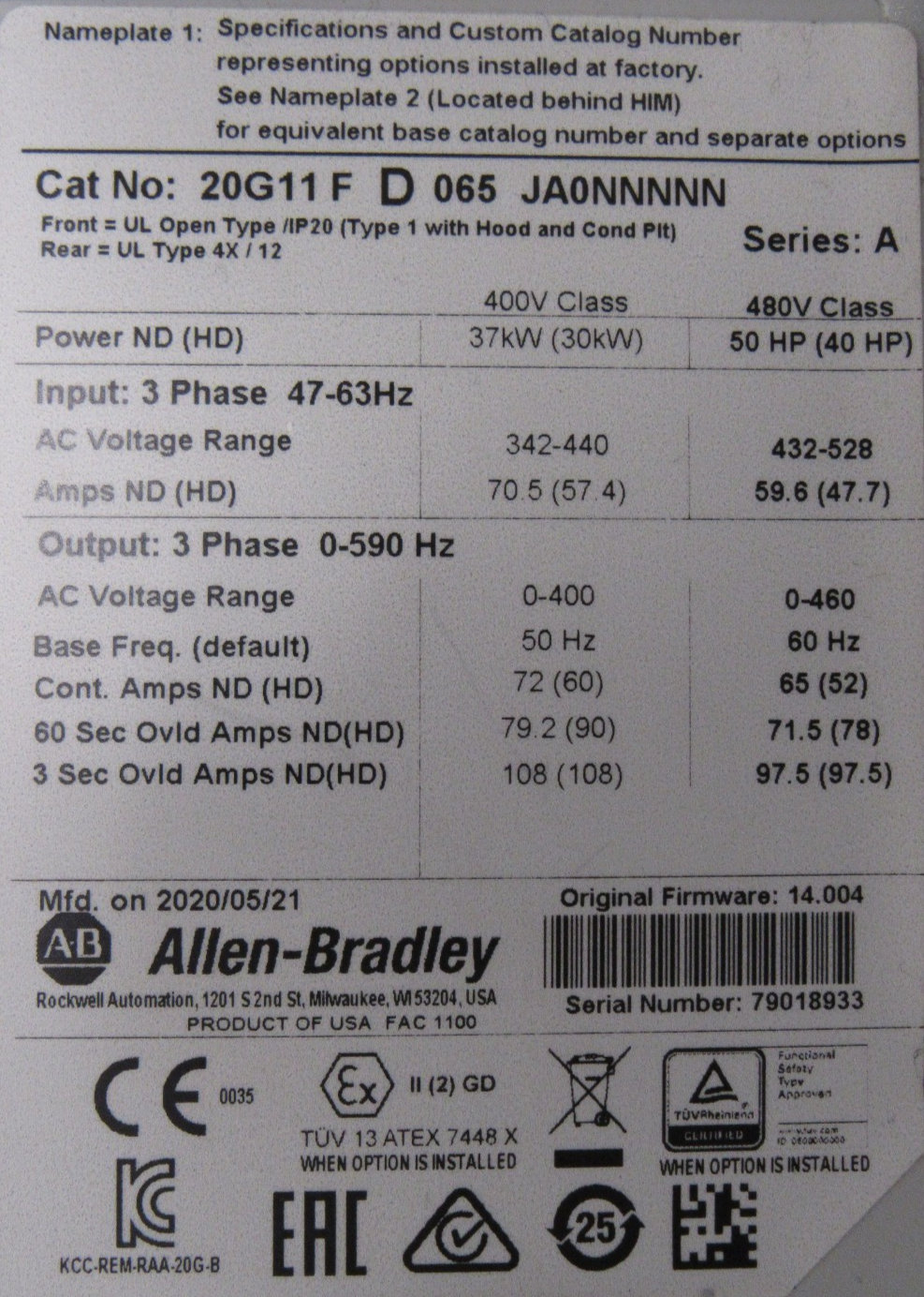 USED ALLEN BRADLEY 20G11FD065JA0NNNNN POWERFLEX 755 SER.A 50HP - SB ...