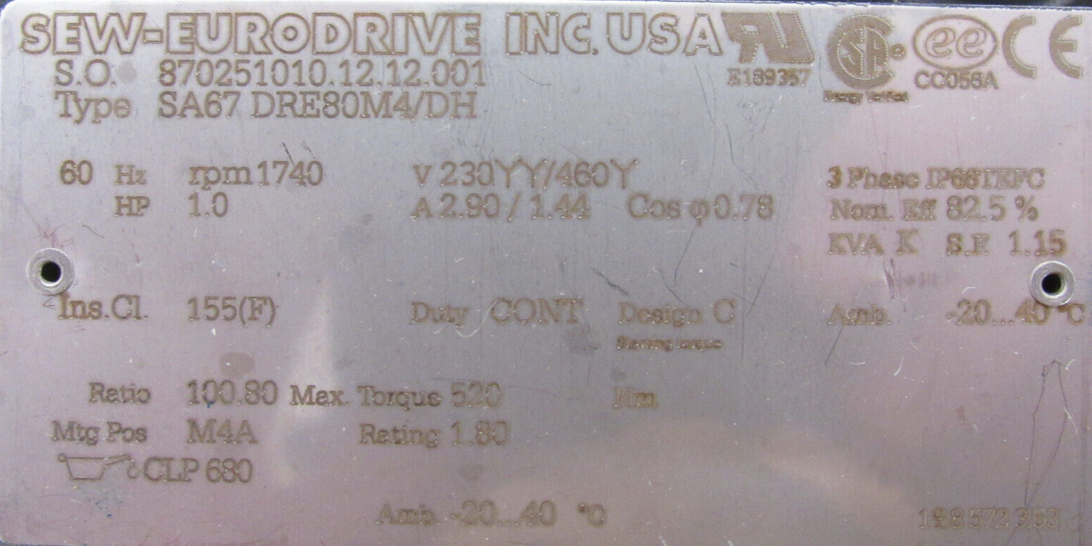 NEW SEW EURODRIVE SA67-DRE80M4/DH GEAR MOTOR 100.80:1 SA67DRE80M4DH ...