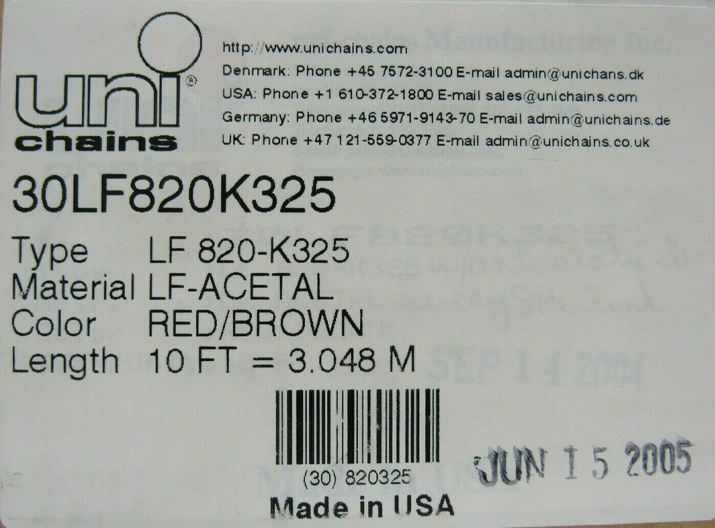 NEW UNI CHAINS 30LF820K325 CONVEYOR CHAIN LF 820-K325 10' RED/BROWN 3-1 ...