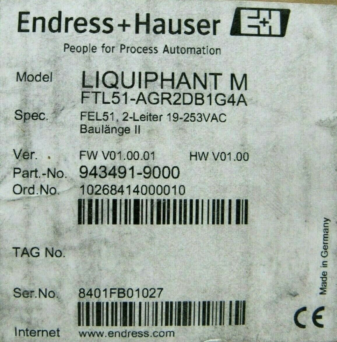 NEW ENDRESS+HAUSER FTL51-AGR2DB1G4A LEVEL SWITCH FTL51AGR2DB1G4A - SB ...