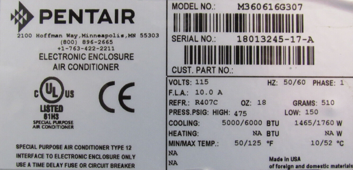 NEW PENTAIR M360616G307 INDUSTRIAL AIR CONDITIONER 6000 BTU 115V 19292 ...