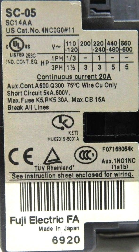 NEW FUJI ELECTRIC SC-05 CONTACTOR SC05 4NC0G011 SC14AA - SB Industrial ...