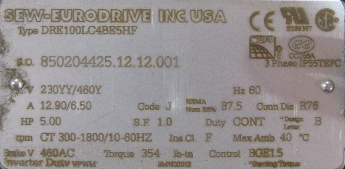 NEW SEW EURODRIVE DRE100LC4BE5HF GEARMOTOR 11.88:1 230/460V 5HP - SB ...