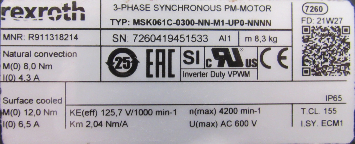USED REXROTH R911318214 SERVO MOTOR MSK061C-0300-NN-M1-UP0-NNNN - SB ...