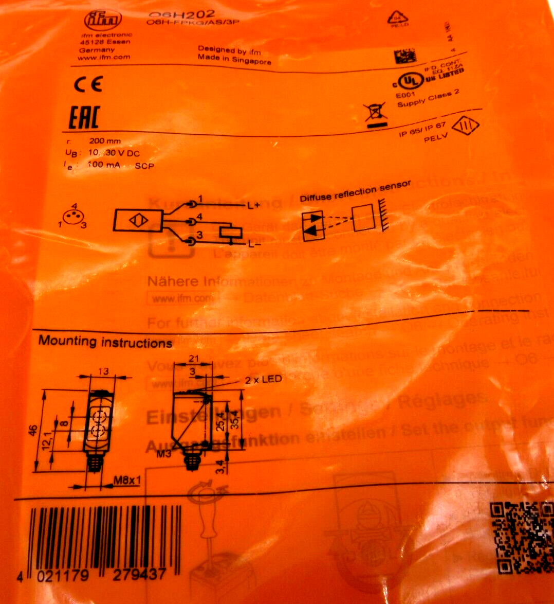 NEW IFM O6H-FPKG/AS/3P-O6H202 SENSOR O6HFPKGAS3P O6H202 - SB Industrial ...