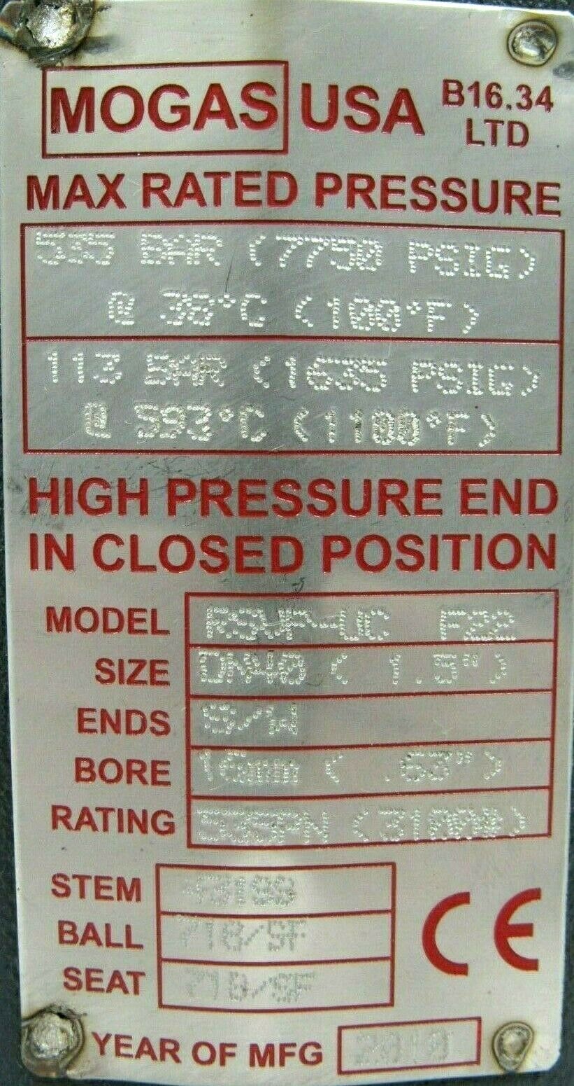 NEW MOGAS RSVP-UC BALL VALVE DN40 1.5" RSVPUC - SB Industrial Supply, Inc.