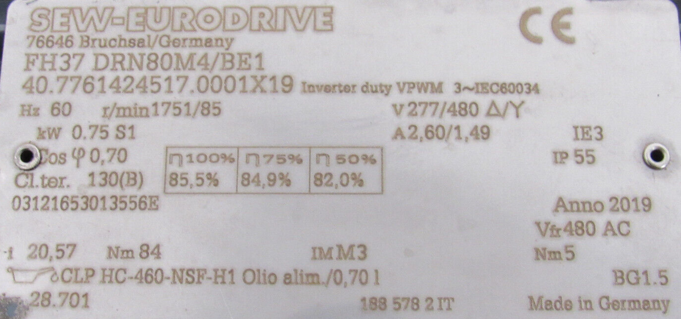 NEW SEW EURODRIVE FH37 DRN80M4/BE1 GEARMOTOR 20.57 277/480V ...
