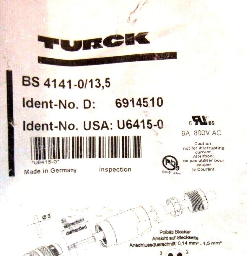 NEW TURCK BS 4141-0/13.5 CONNECTOR BS41410135 - SB Industrial Supply, Inc.