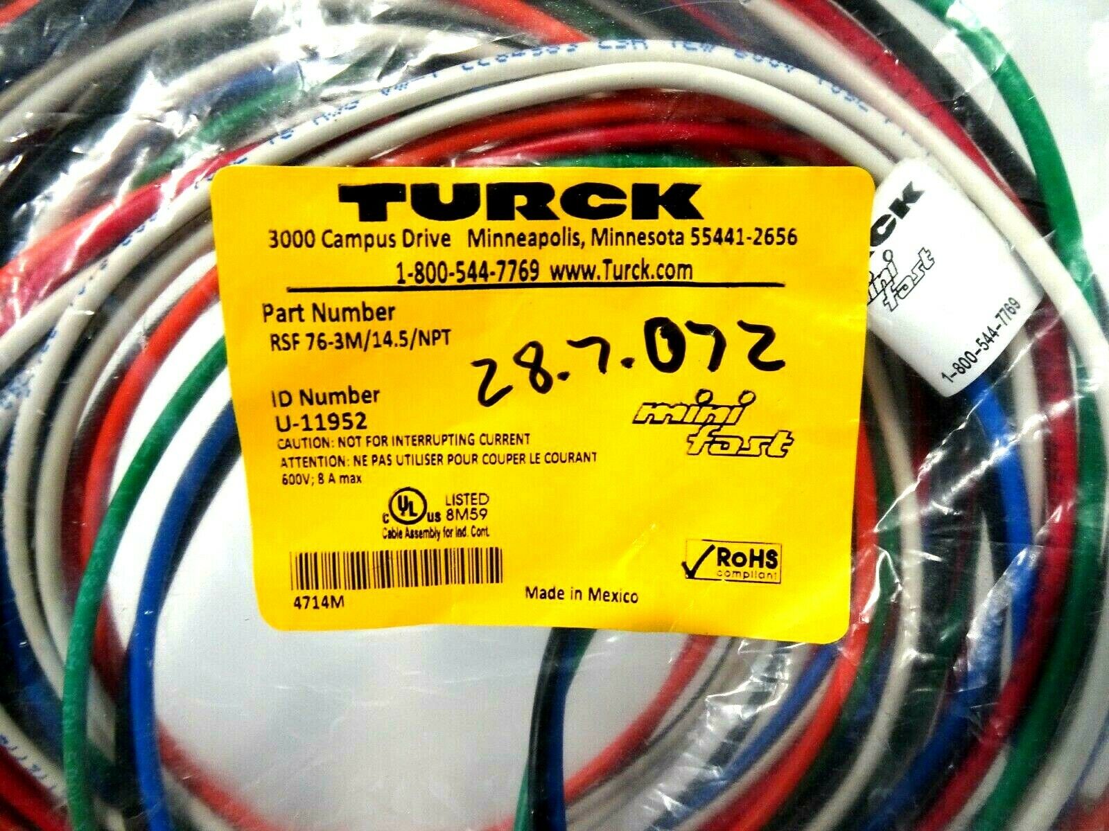 NEW TURCK RSF 76-3M /14.5 /NPT MINI-FAST CORDSET U-11952 RSF763M145NPT ...