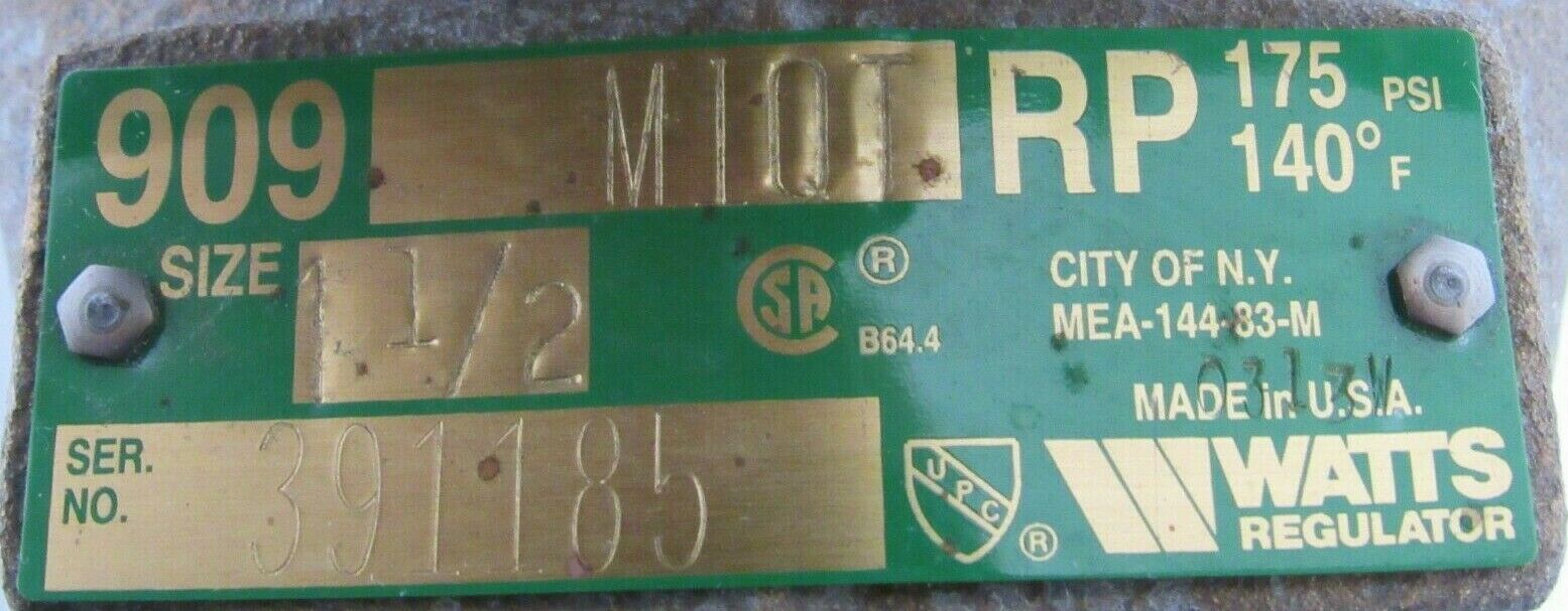 USED WATTS 909M10TRP BACKFLOW PREVENTER 1-1/2" - SB Industrial Supply, Inc.