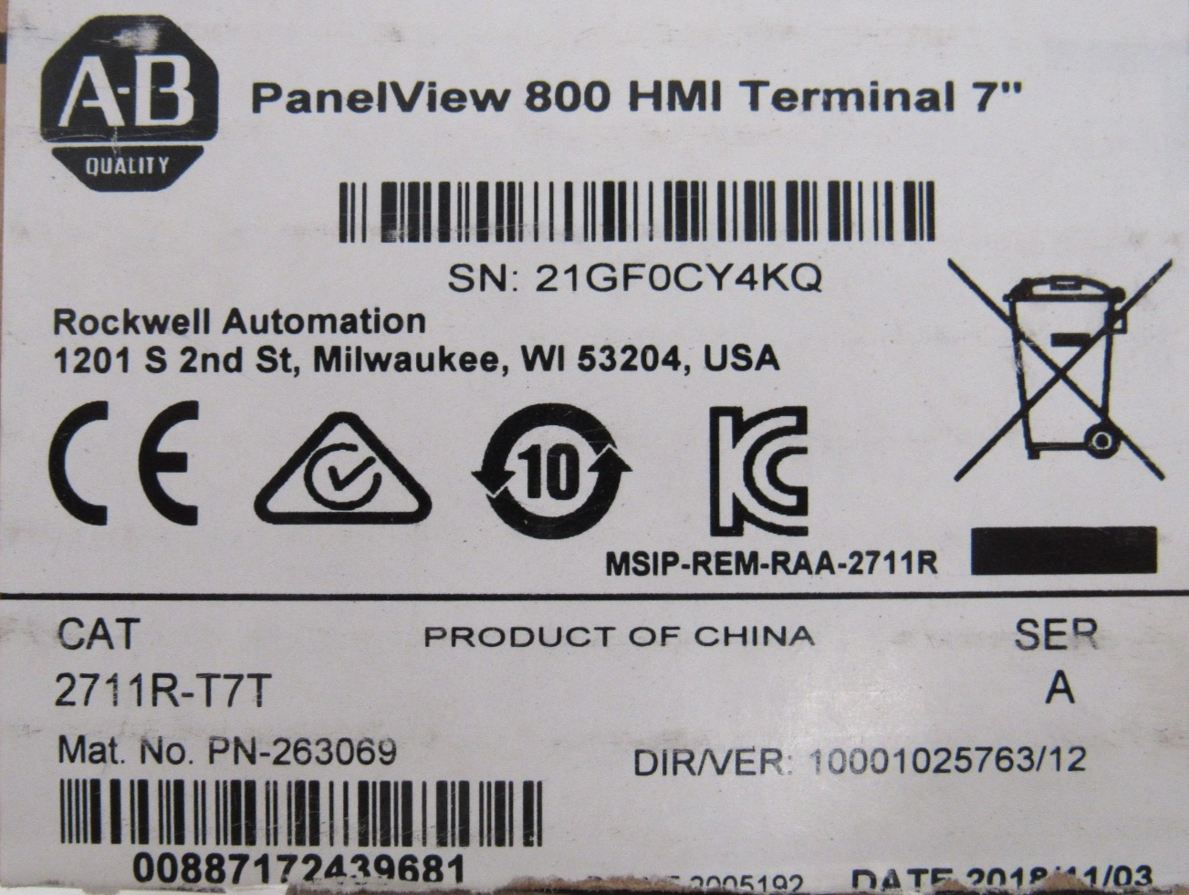 ALLEN BRADLEY 2711R-T7T PANELVIEW 800 HMI 7" SER. A 2711RT7T NEW ...