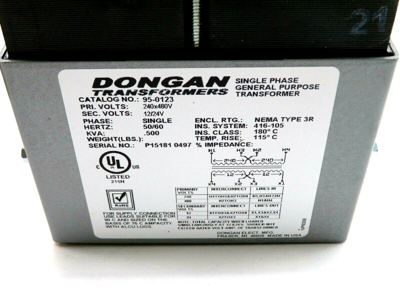 NEW DONGAN 95-0123 SINGLE PHASE TRANSFORMER 950123 TYPE 3R 240X480V 12 ...
