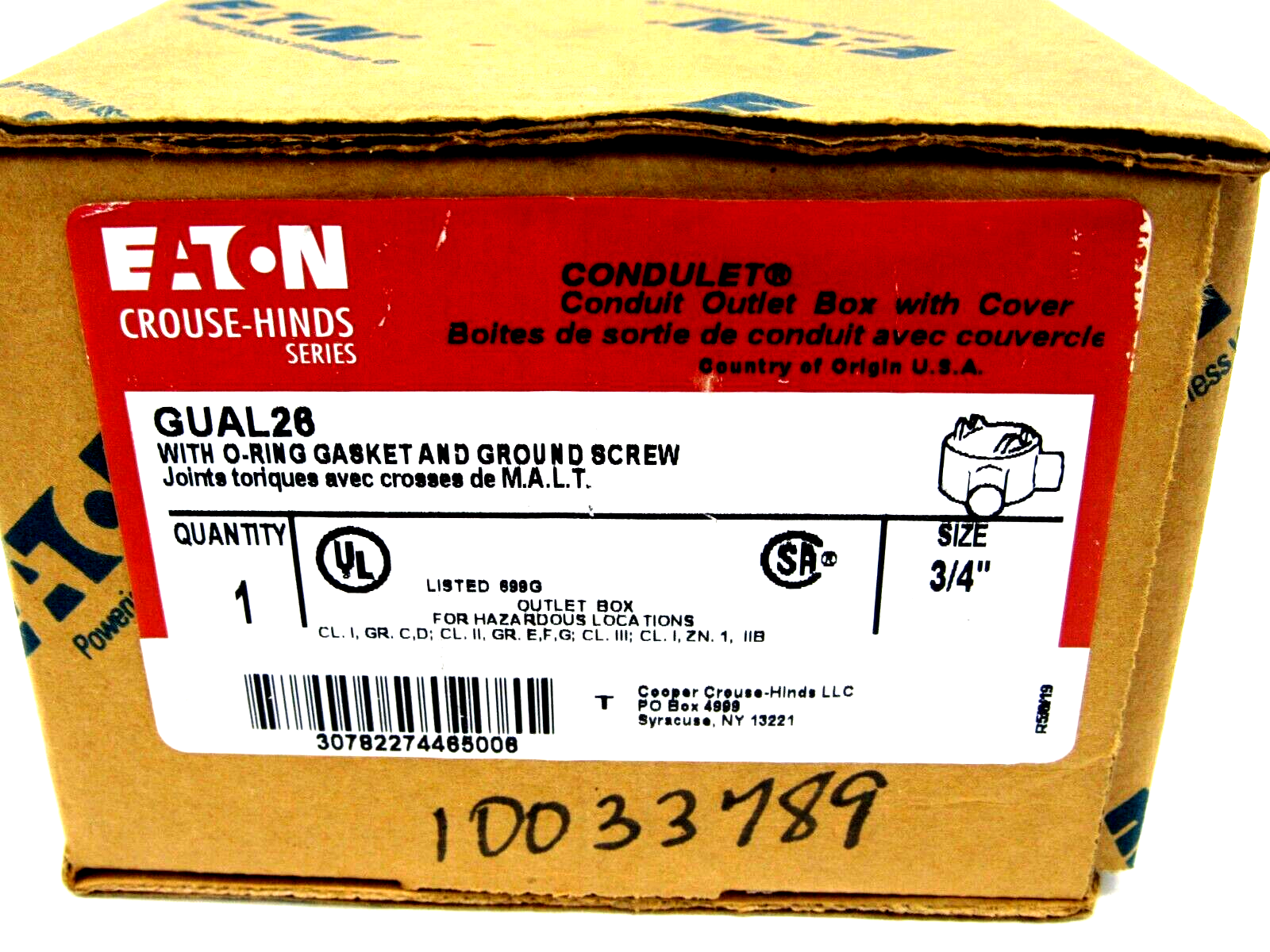 NEW EATON GUAL26 CONDUIT OUTLET BOX W/ O-RING, GASKET AND GROUND SCREW ...
