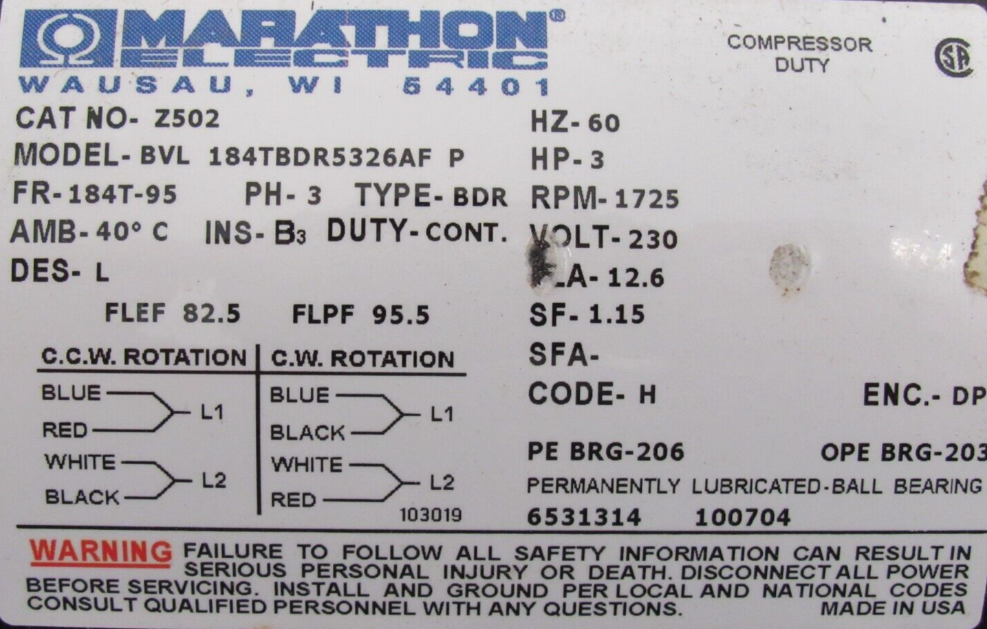 NEW MARATHON Z502 MOTOR 3HP 230V 1725 RPM 184T-95 184TBDR5326AF - SB ...